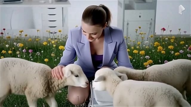 Красивая девушка менеджер гладит милых маленьких ягнят.