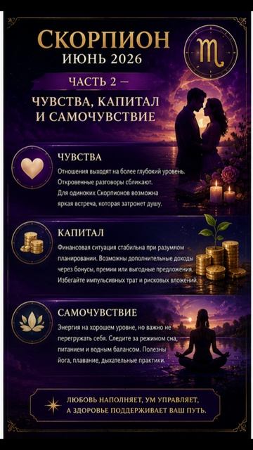 СКОРПИОН на ИЮНЬ 2026. Часть 2 — Чувства, капитал и самочувствие