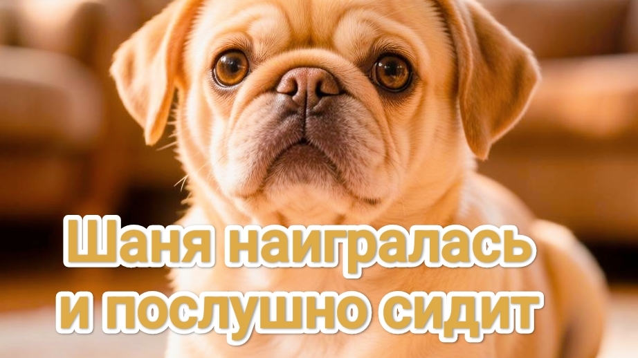 Шаня наигралась,послушно сидит и ждёт свой завтрак. Мопс
