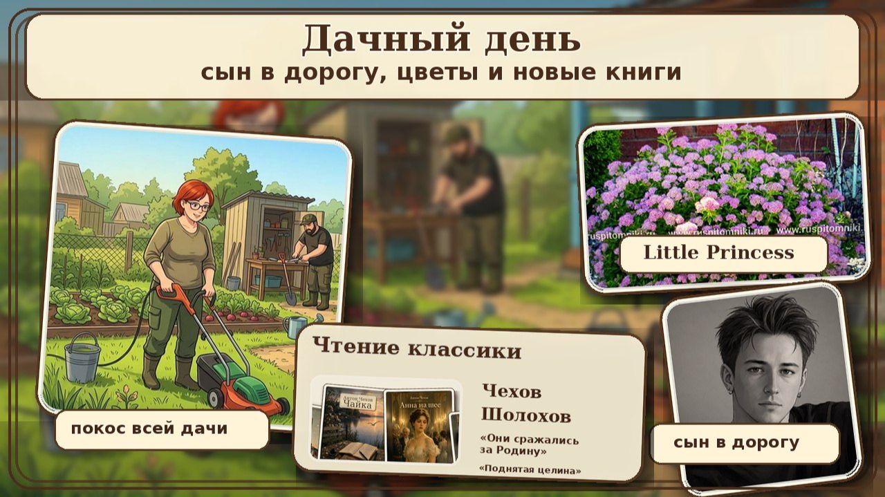 7.06 Дачный день: сын в дорогу, цветы и новые книги