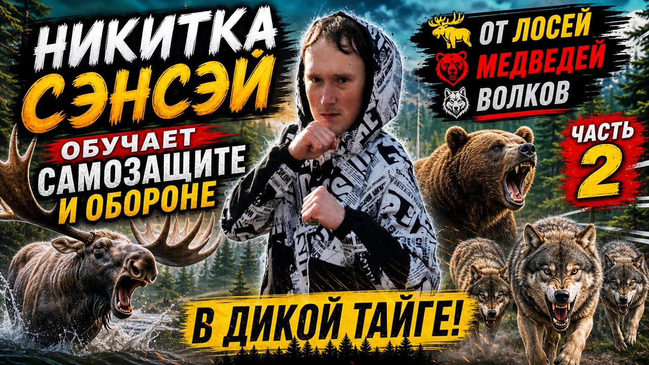 Никитка сэнсэй обучает защите и обороне от лося, волка и медведя в дикой тайге. ч.2.