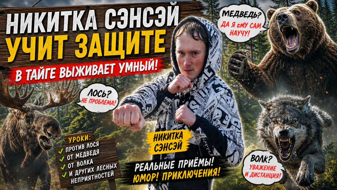Никитка сэнсэй обучает защите и обороне от лося, волка и медведя в дикой тайге. ч.1.