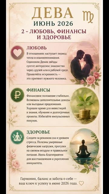 ДЕВА на ИЮНЬ 2026. Часть 2 — Любовь, финансы и здоровье