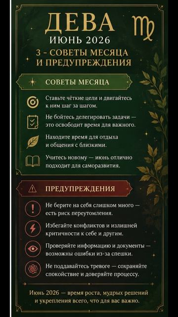 ДЕВА на ИЮНЬ 2026 — Советы месяца и предупреждения