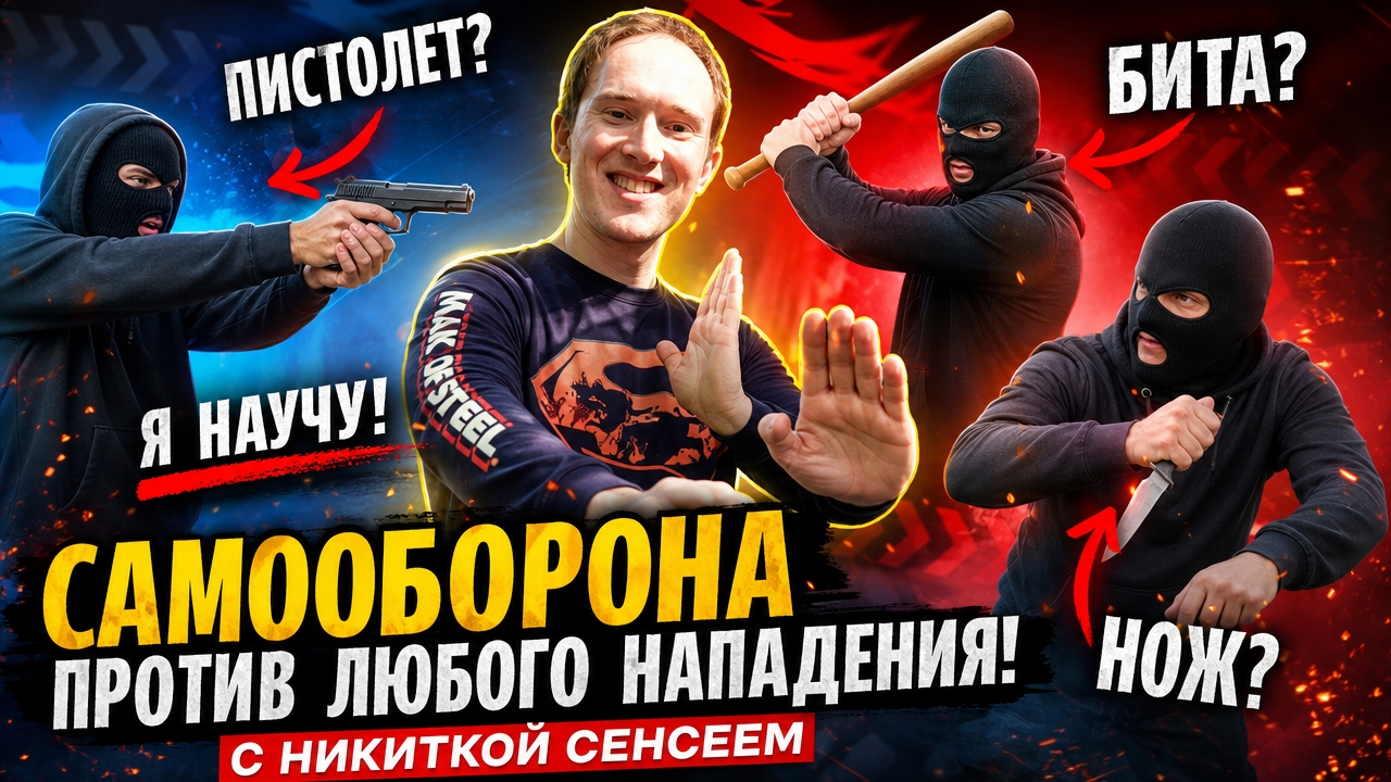 Никитка сэнсэй обучает самозащите от огнестрельного оружия, ножа и биты + бонус