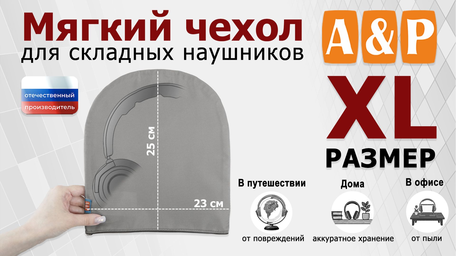 Мягкий чехол для складных наушников. Цвет: серый. Размер XL. Промо-ролик.