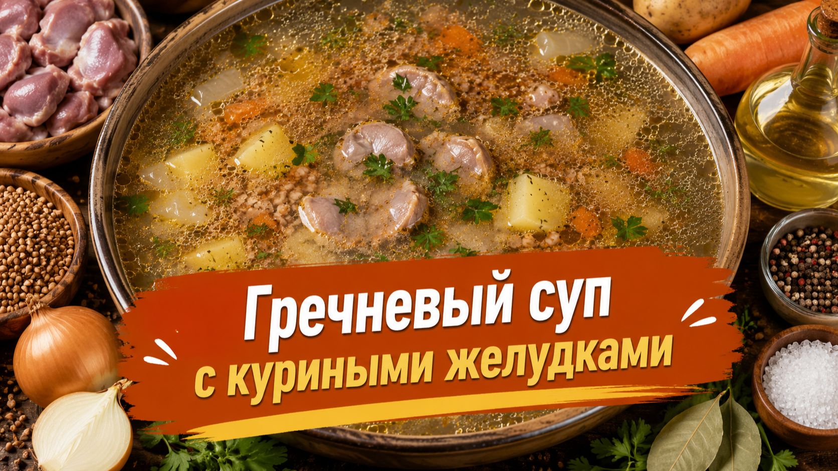 Гречневый суп с куриными желудками