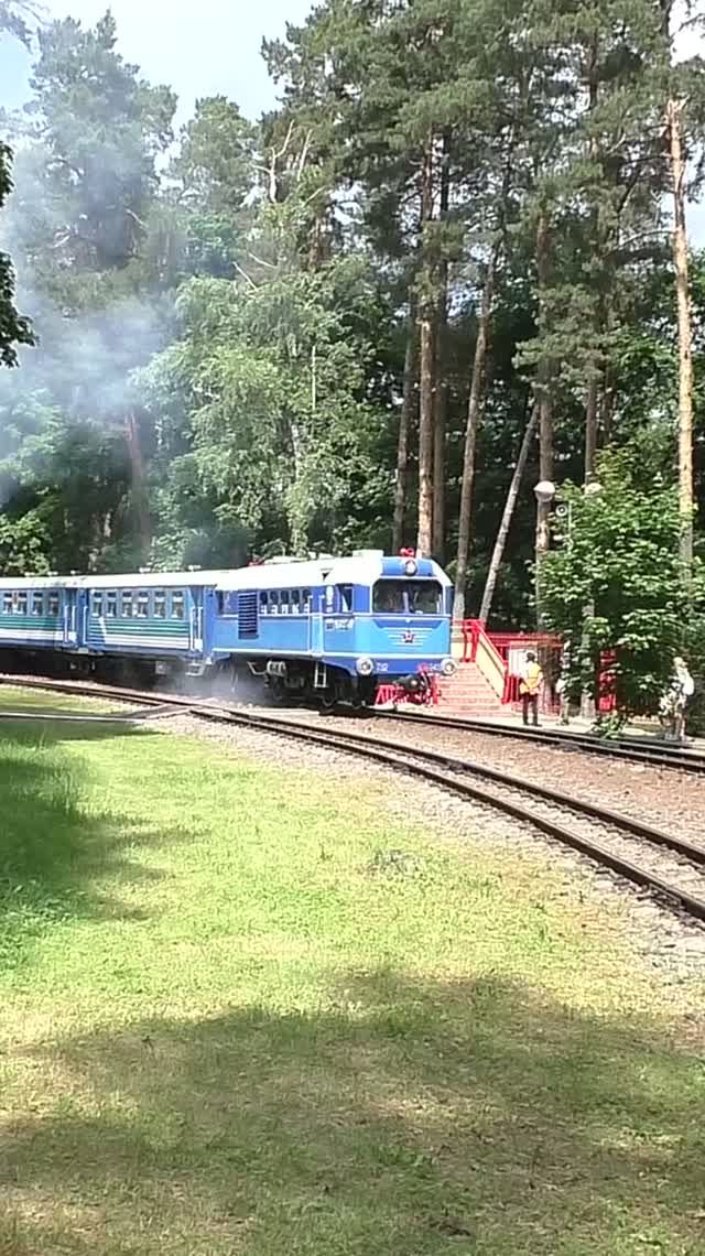 Московская детской ж/д, ст. Пионерская, п. Кратово. Тепловоз ТУ2-241 отправляется с поездом № 524.