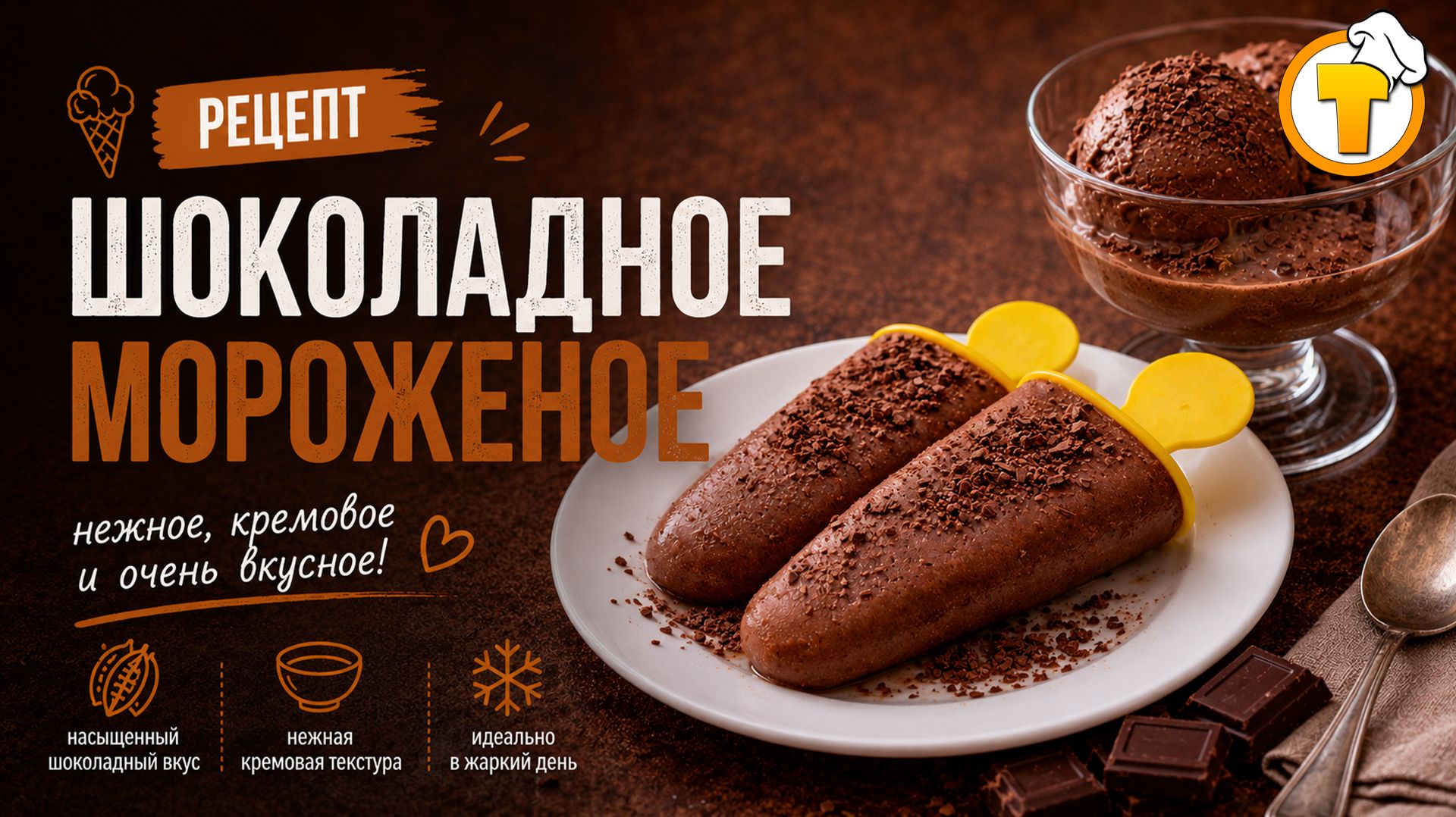 Шоколадное мороженое — нежное, сливочное, с ярким шоколадным вкусом