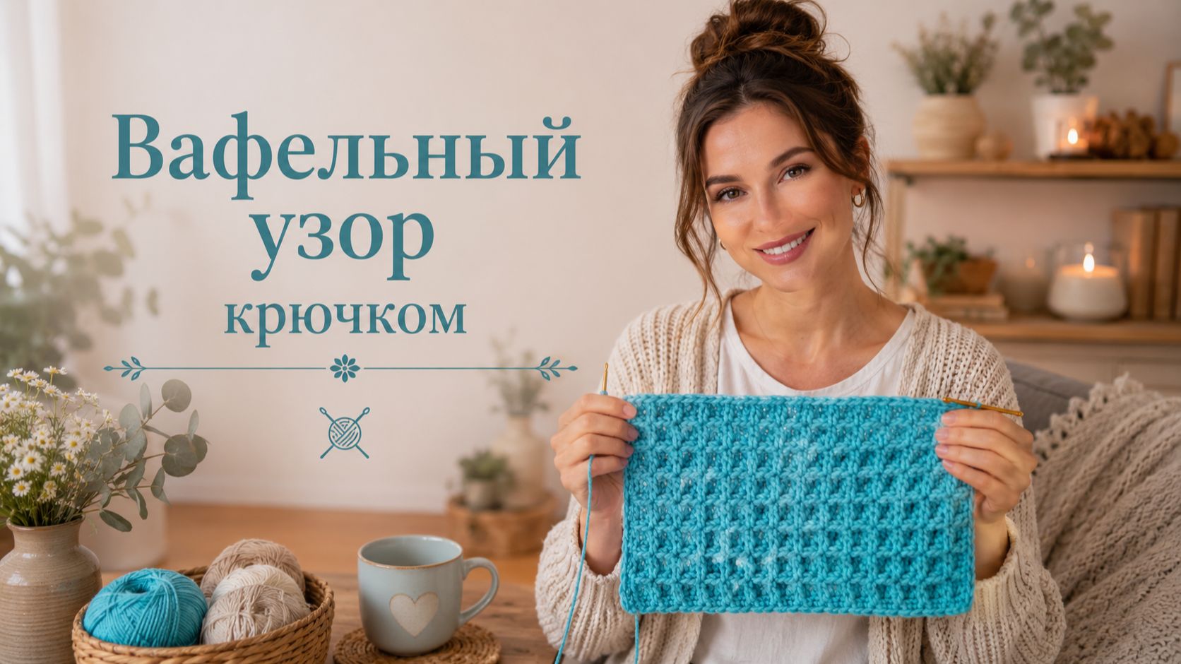 Вафельный узор крючком | Простой рельефный узор для пледа