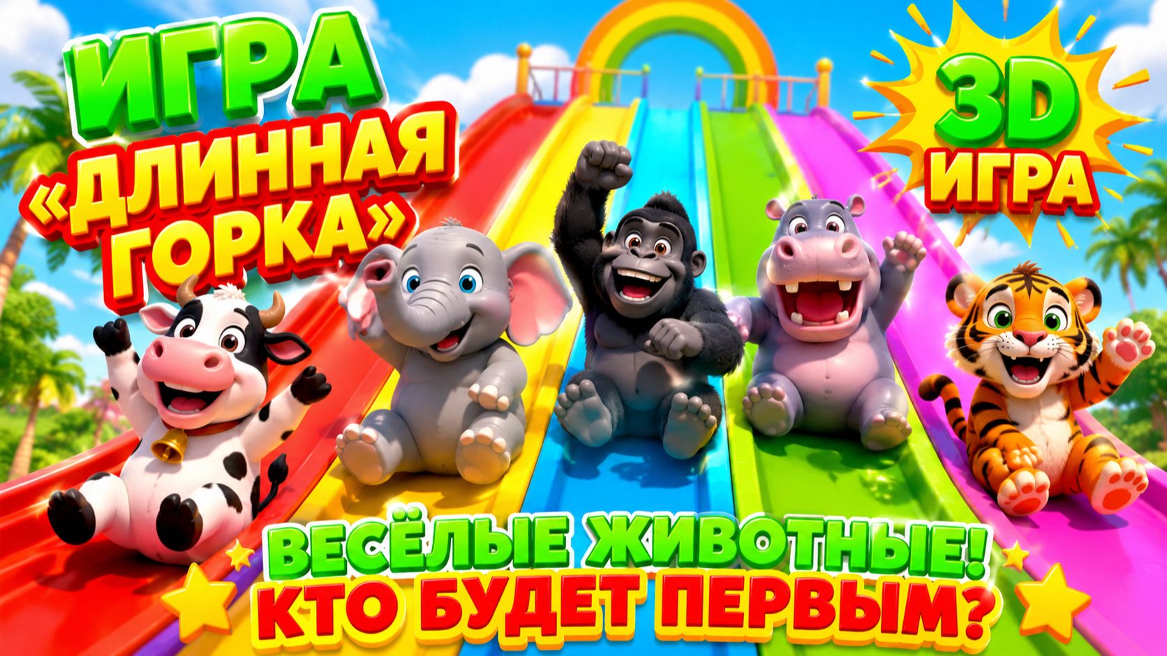 Игра «Длинная горка» с коровой, слоном, гориллой, бегемотом, тигром, 3D-игра с животными, забавные 3