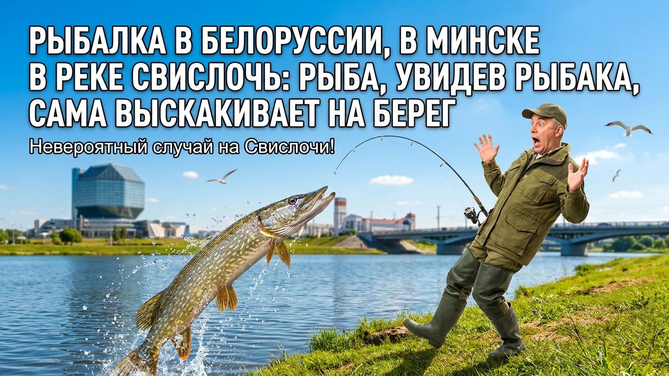 Рыбалка Белоруссии, в Минске в реке Свислочь, рыба увидев рыбака сама выскакивает на берег