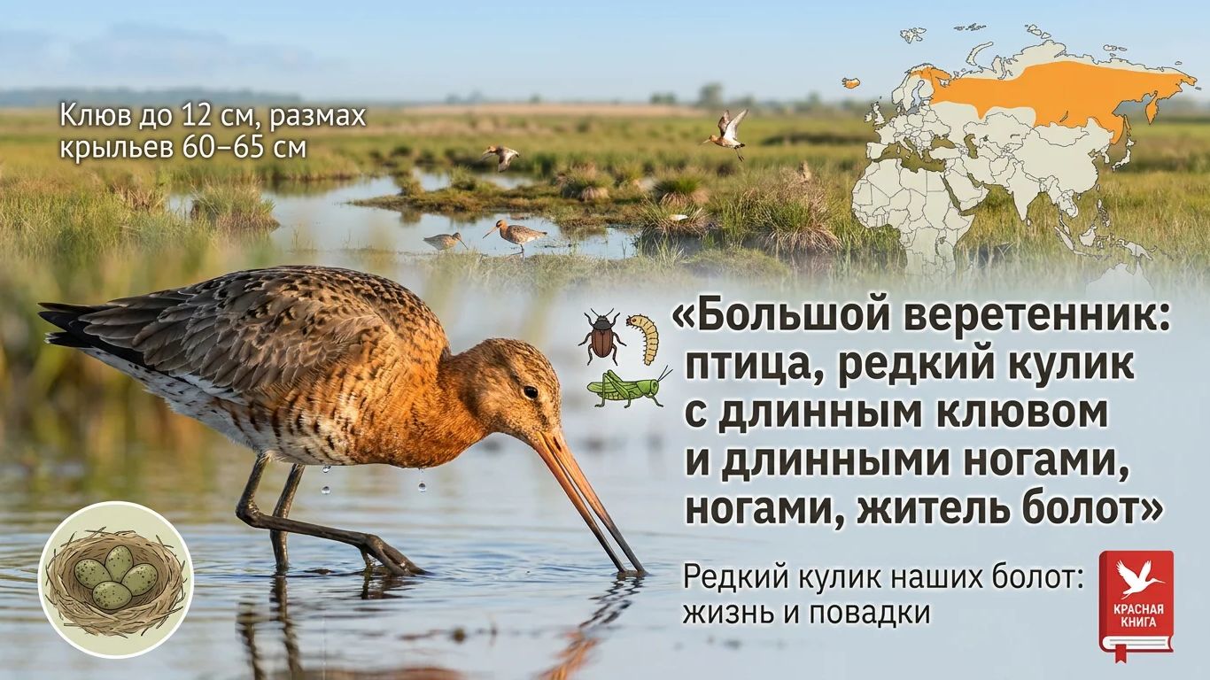 Большой веретённик, птица, редкий кулик с длинным клювом и длинными ногами, житель болот
