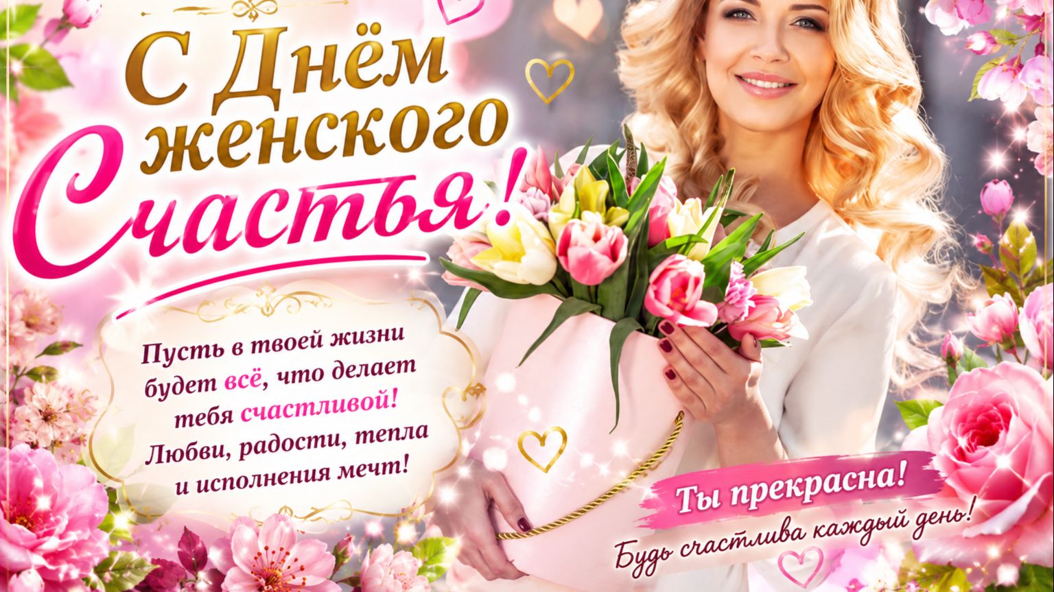 С Днём женского Счастья! Открытка для Самой Прекрасной! Красивое поздравление женщине