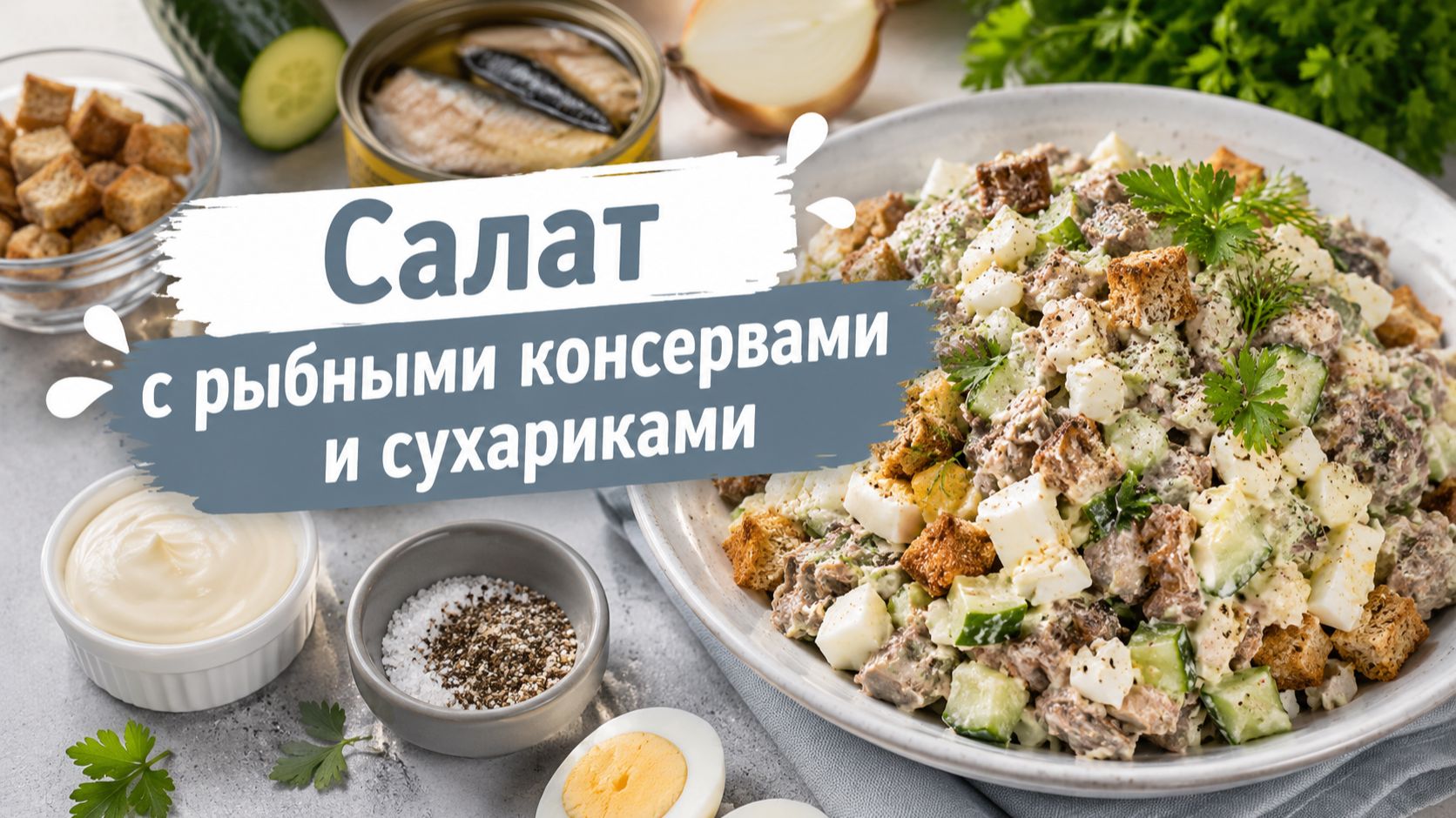 Салат с рыбными консервами и сухариками