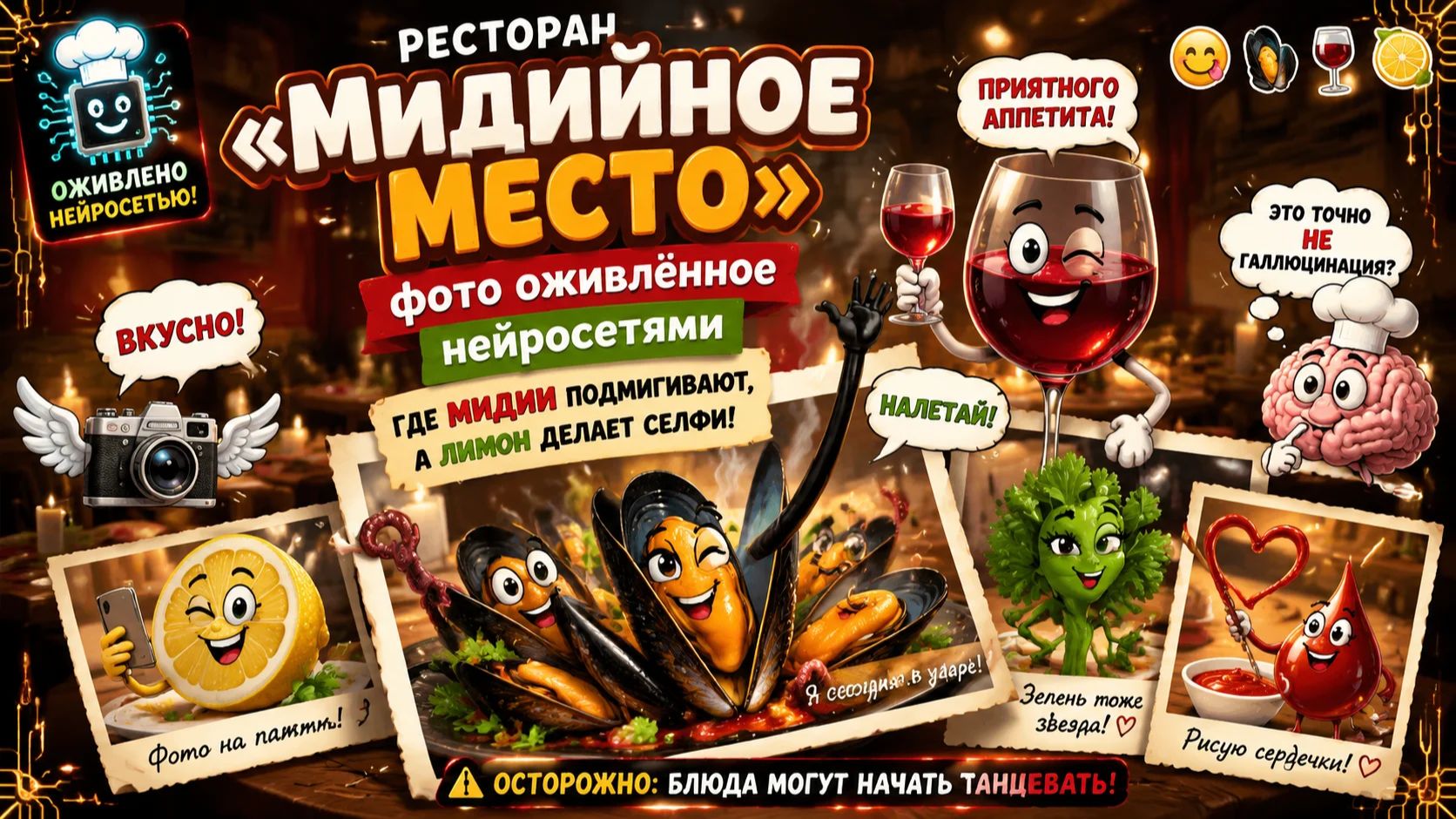 Ресторан "Мидийное место", фото оживлённое нейросетями