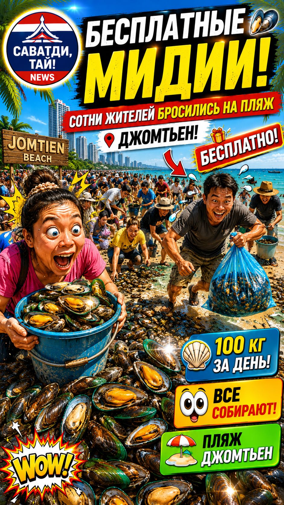 🦪 СОТНИ ЖИТЕЛЕЙ БРОСИЛИСЬ НА ПЛЯЖ ДЖОМТЬЕН ЗА БЕСПЛАТНЫМИ МИДИЯМИ #новости #новостисегодня #тайланд