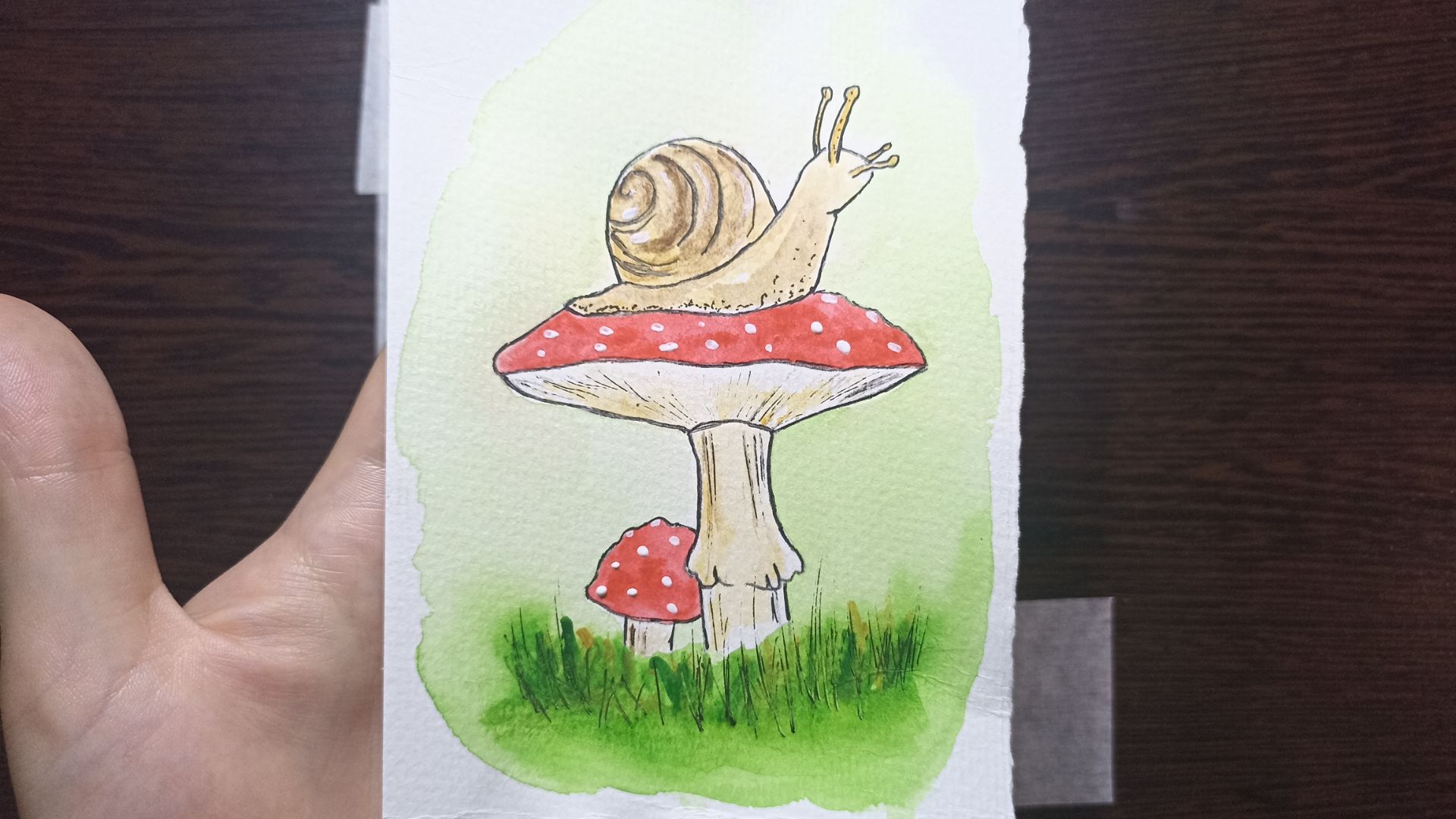 Рисунок акварелью / Улитка на грибочке