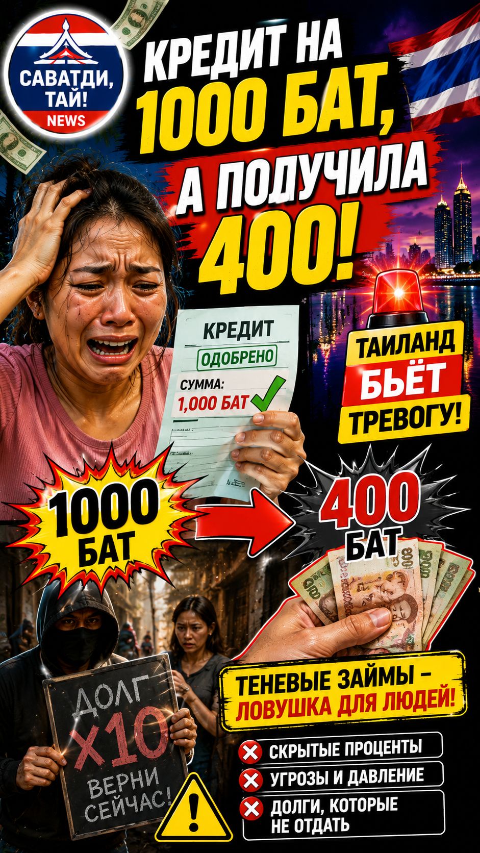 💸 КРЕДИТ НА 1000 БАТ, А ПОЛУЧИЛА 400: ТАИЛАНД БЬЁТ ТРЕВОГУ ИЗ-ЗА ТЕНЕВЫХ ЗАЙМОВ #новости  #тайланд