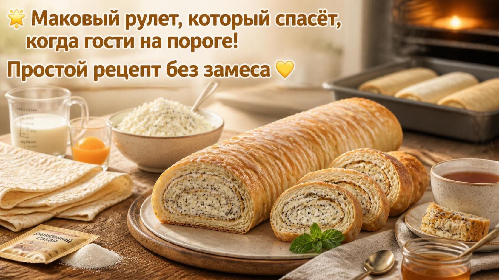 🌟 Маковый рулет, который спасёт, когда гости на пороге! Простой рецепт без замеса 💛