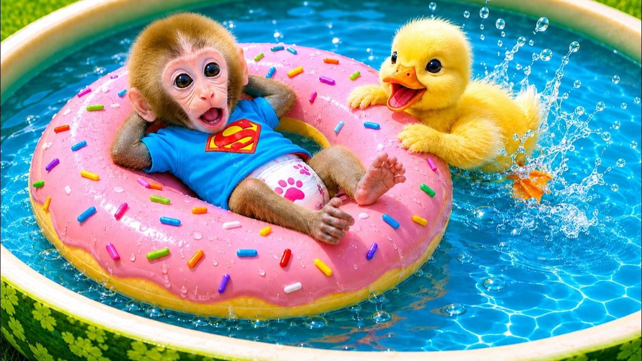 🐒 Обезьянка делает бассейн из арбуза 🍉для себя и утёнка🐤