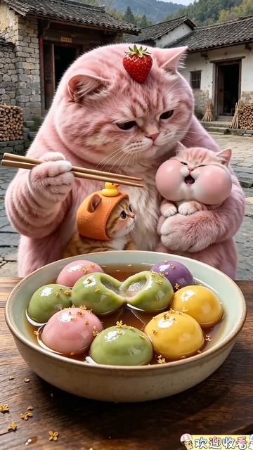 Кошка ест рисовые клецки - цинтуани с котятами