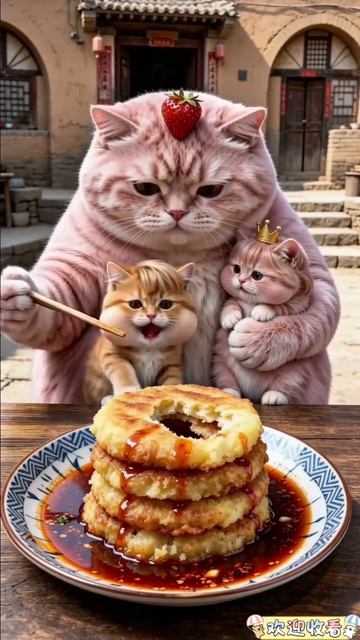 Кошка с детьми ест булки с джемом