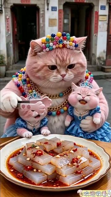 Кошка с детьми ест пудинг, рыбу