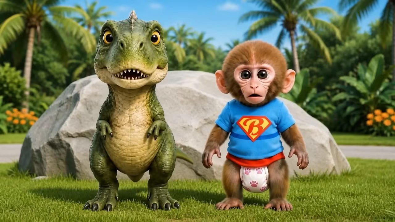 🐒 Обезьянка играет вместе с динозавриком 🦖