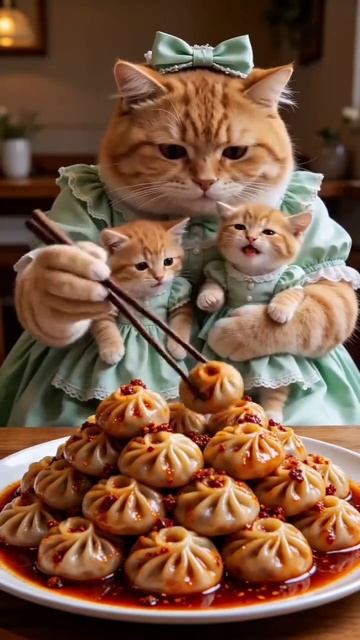 Кошка с котятами быстро схавала хинкали