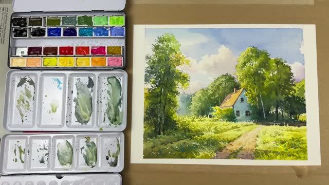 Акварельный пейзаж «Тихая сельская местность»