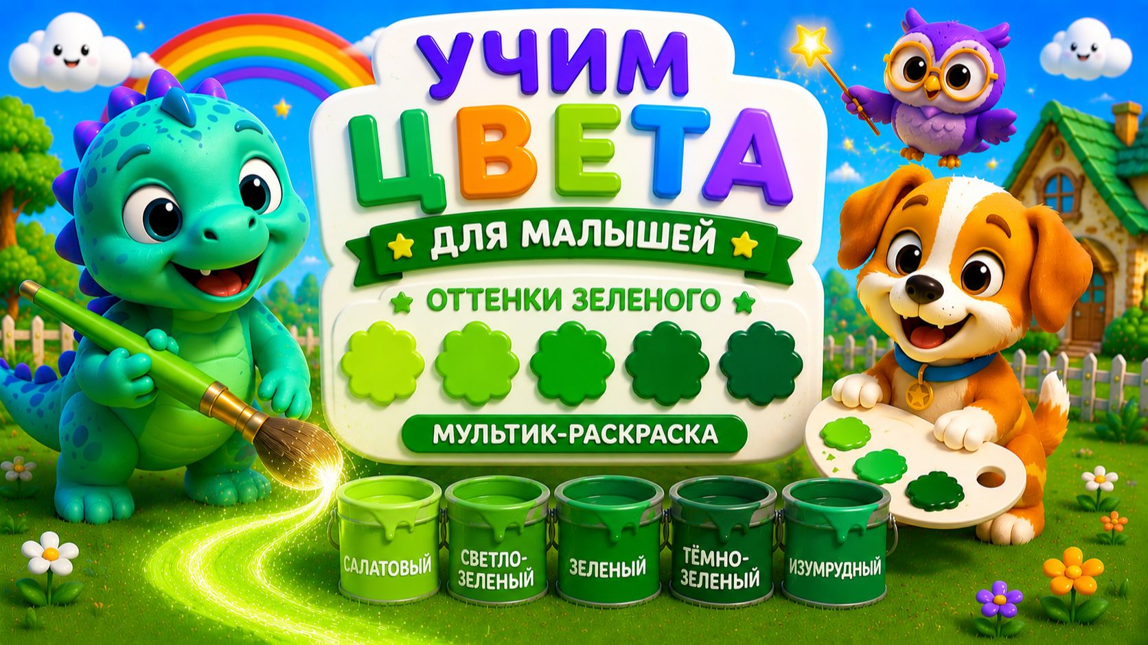 💚 Учим зелёный цвет для малышей 🎨 Волшебная кисточка и оттенки зелёного | Мир детства