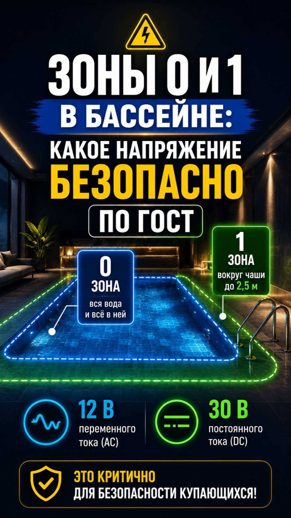 Какое напряжение в бассейне безопасно по ГОСТ?