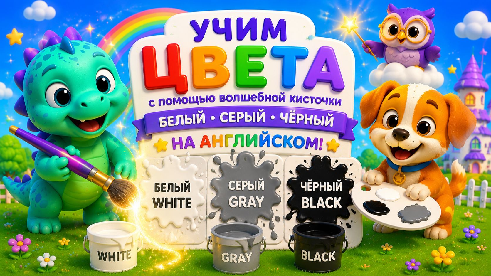 🎨 Учим цвета с волшебной кисточкой 🌈 Белый, Серый, Чёрный на русском и английском | Мир детства