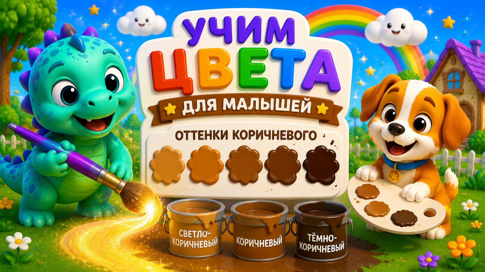 🎨 Учим цвета с волшебной кисточкой 🌈 Коричневый на русском и английском | Мир детства