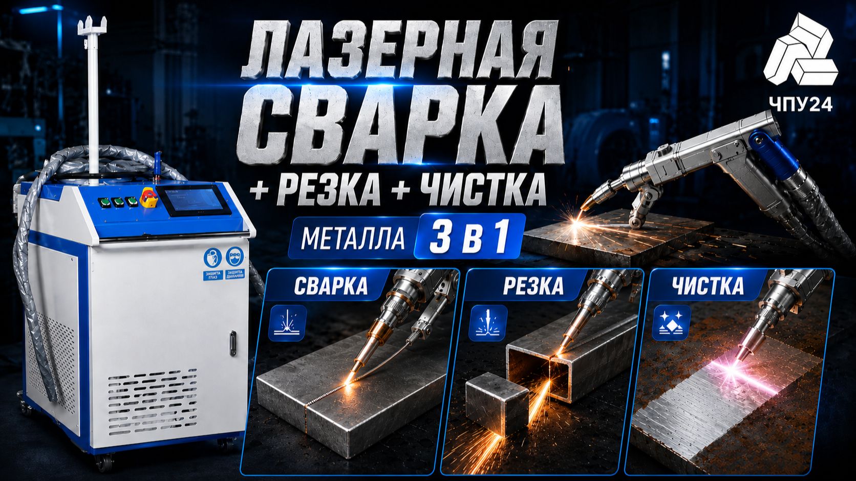 Лазерная сварка + резка + чистка металла 3 в 1. ЧПУ24