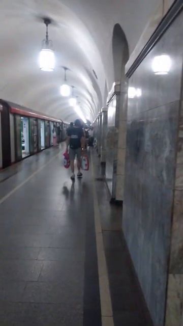 Станция метро Парк Культуры интерьер пассажиры поезда Москва Фрагмент 3