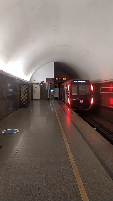 Станция метро Парк Культуры интерьер пассажиры поезда Москва Фрагмент 1