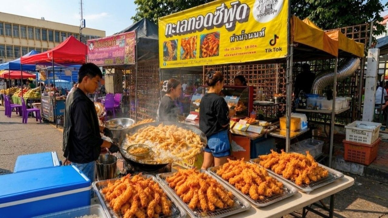 Множество клиентов! Трудолюбивый тайский повар готовит лучшие хрустящие жареные креветки
