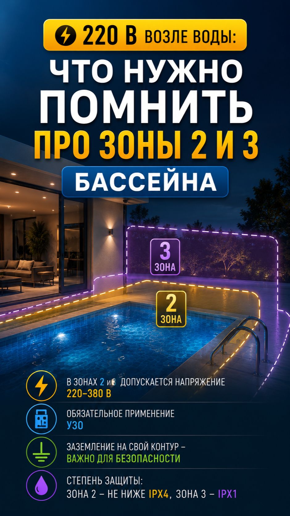 Напряжение 220 Вт возле воды: что нужно помнить про зоны 2 и 3 бассейна