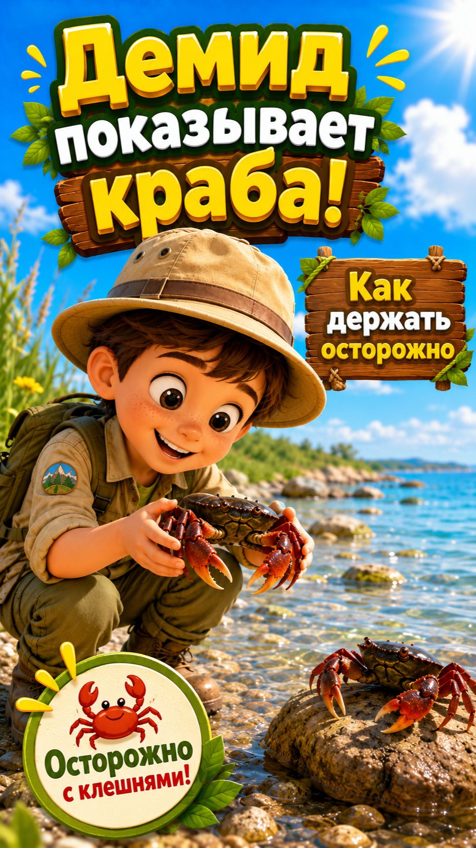 Демид показывает, как правильно держать краба 🦀 Осторожно с клешнями!