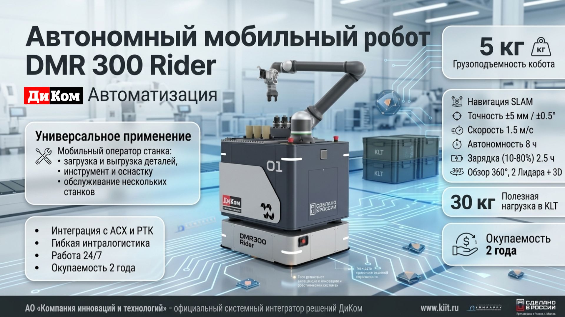 ДиКом DMR 300 Rider — мобильный робот для загрузки/выгрузки деталей на станках с ЧПУ - КИИТ