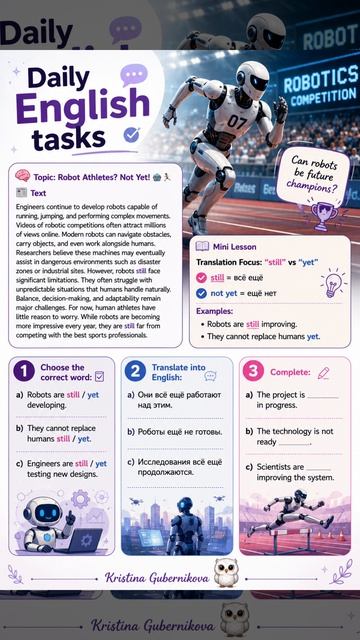🧠 Daily English tasks: Topic Robot Athletes Not Yet 🤖🏃