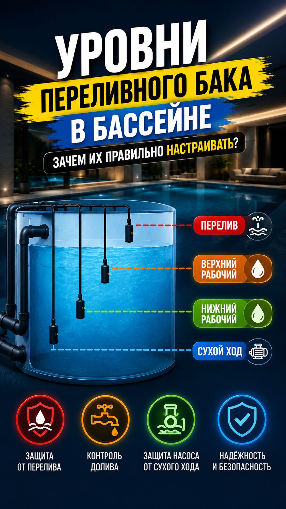 Зачем нужны датчики в переливном баке бассейна?