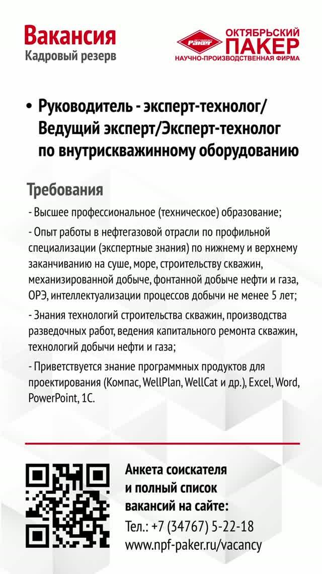 Вакансия «Руководитель - эксперт технолог» НПФ Пакер
