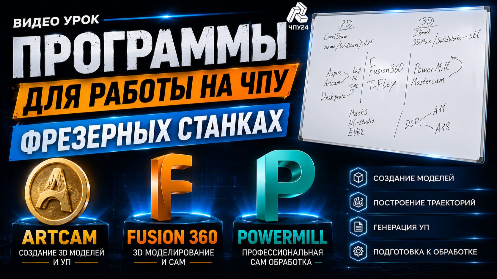 Программы для работы на ЧПУ фрезерных станках. Artcam, Fusion 360, PowerMill.