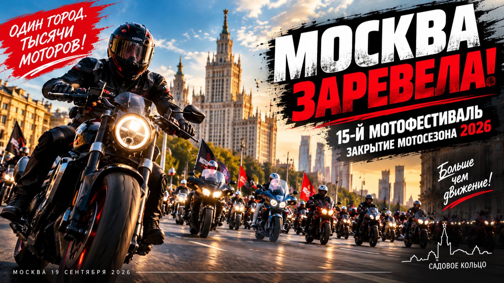 19 сентября 2026 года Москва закрыла мотосезон большим мотопробегом по Садовому кольцу.
