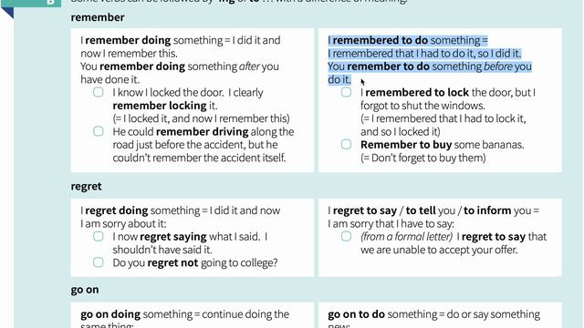 56. Infinitives/gerunds: remember, regret