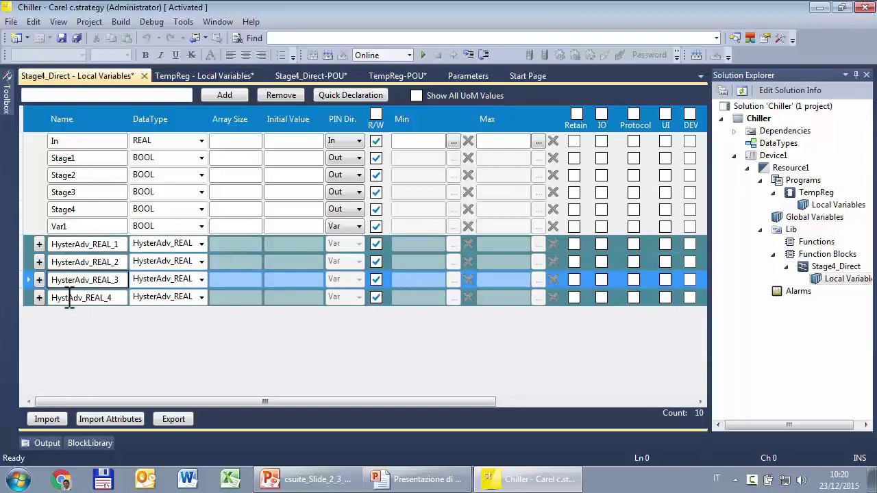 Carel. C.SUITE. 09-Temperature control using a Function Block (4 instances of HystAdv_REAL)