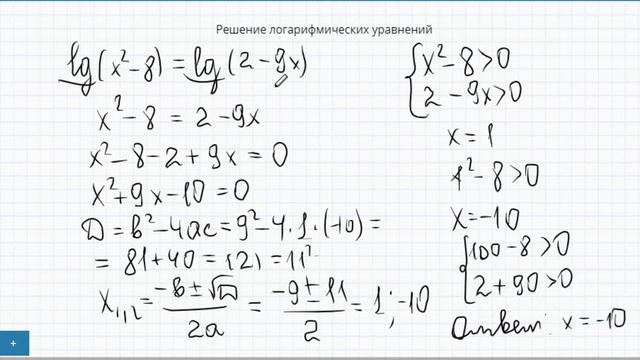 Решение логарифмических уравнений